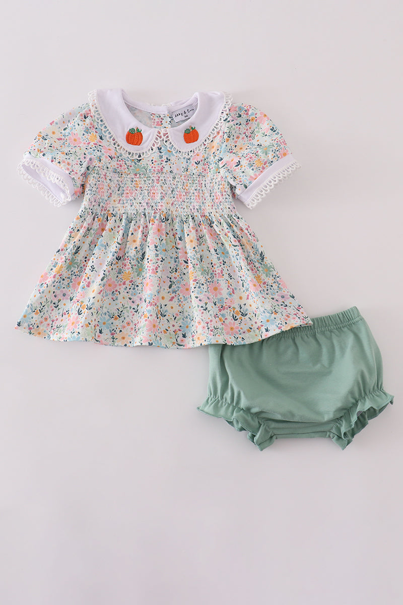 Green floral pumpkin embroidery smocked bloomer set – Honeydew USA
