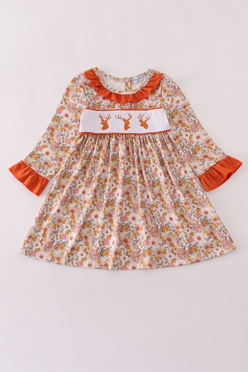 Rust flroal print deer embroidery ruffle dress – Honeydew USA